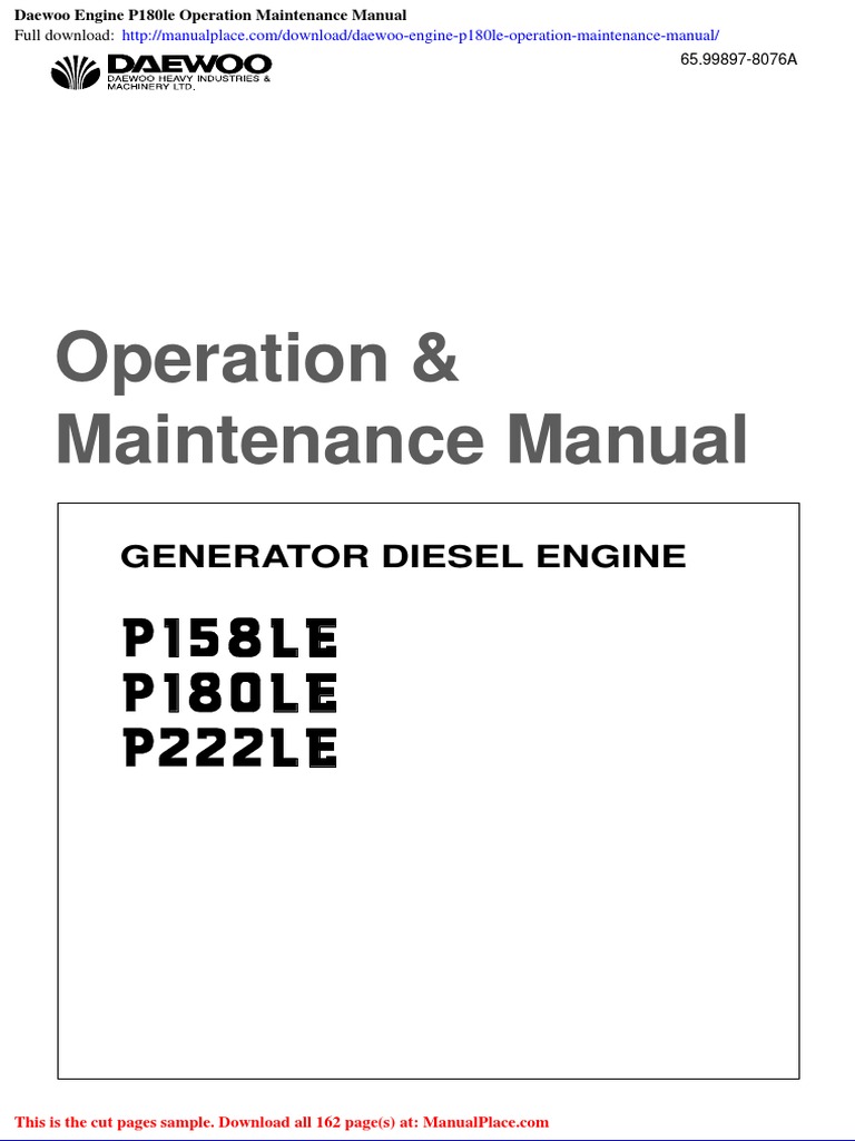 Daewoo Engine P180le Operation Maintenance Manual | PDF