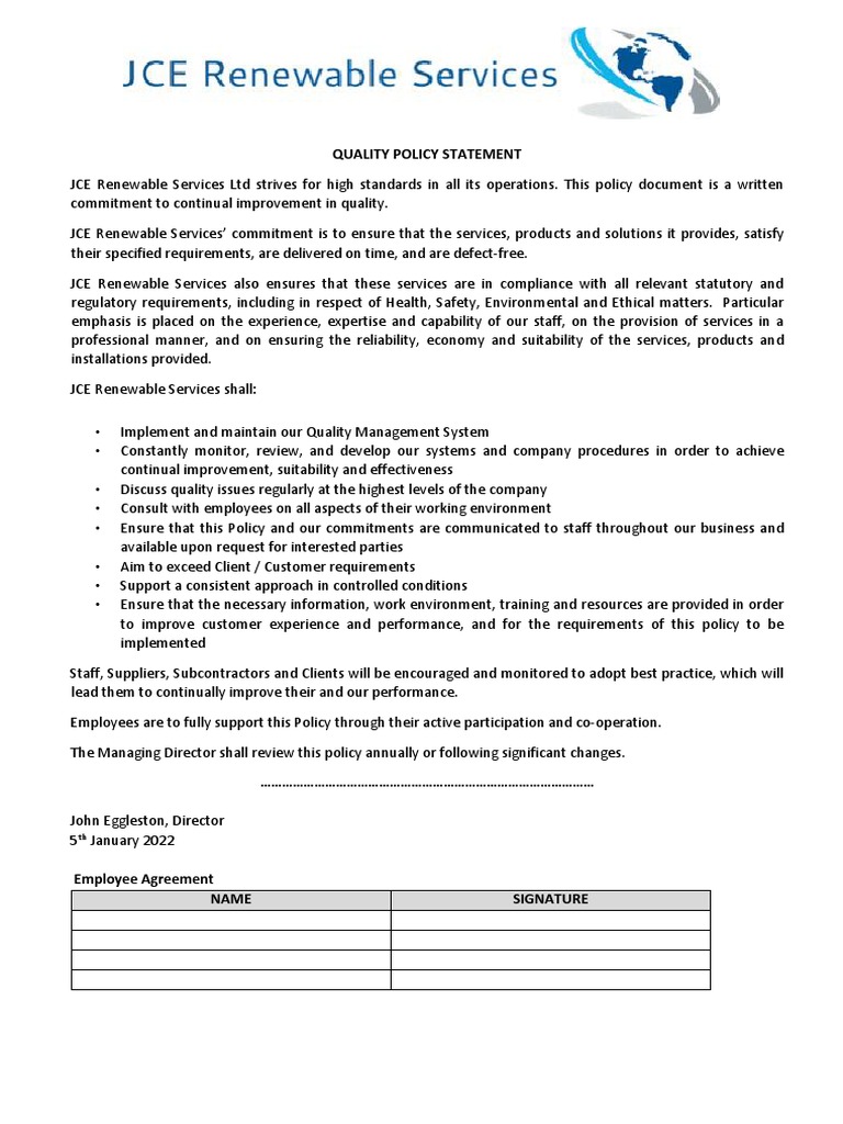 Quality Policy Statement | PDF