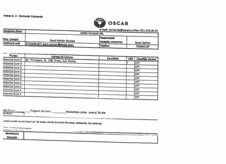 Formular Comanda Motorina Nicmar | PDF