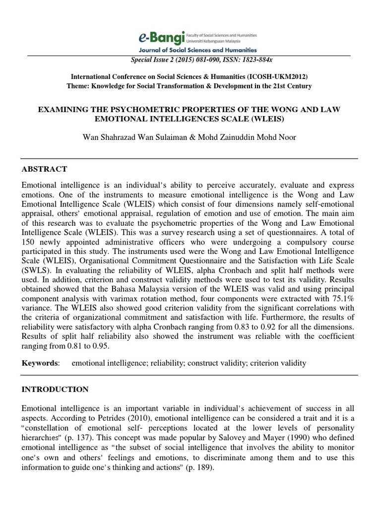 THANG DO Wong and Law (2002) WLEIS scale is composed of four dimensions ...