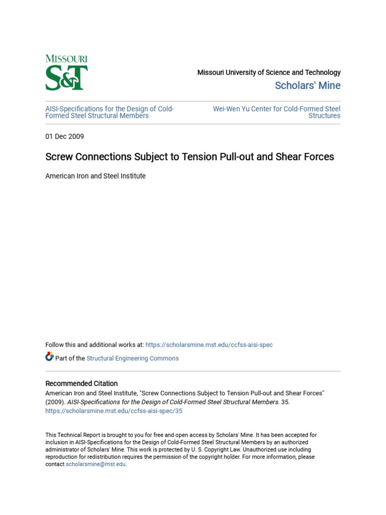 Screw Connections Subject To Tension Pull-Out and Shear Forces | PDF ...