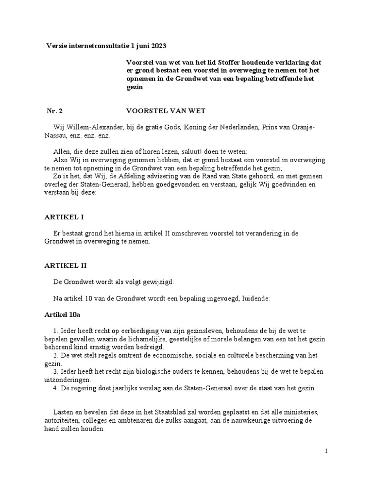 Voorstel Van Wet - Gezin in de Grondwet | PDF