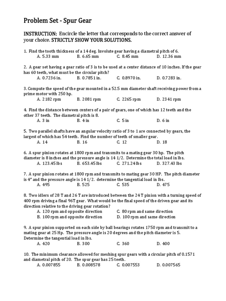 Problem Set - Spur Gear | PDF | Science & Mathematics