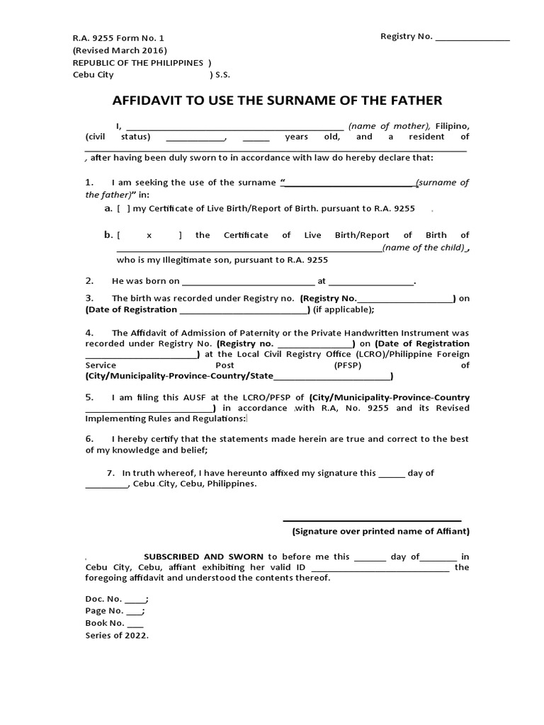 Affidavit To Use Surname of The Father AUSF Cebu City Sample | PDF