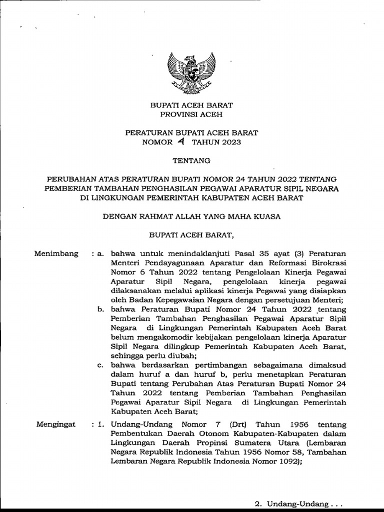 PERBUB Tentang No 4 Tahun 2023 Perubahan TPP | PDF