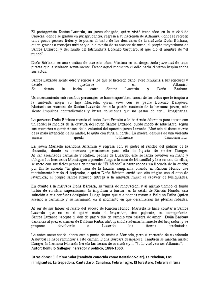 Argumento de La Obra Doña Barbara | PDF