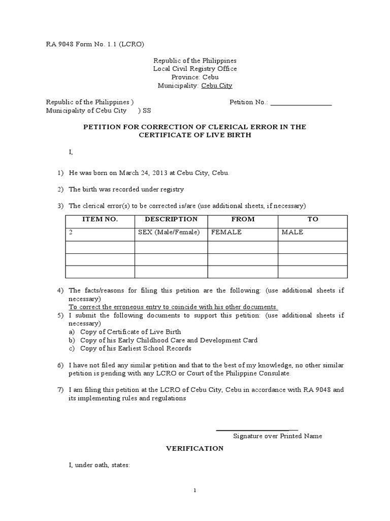 Petition For Correction of Clerical Error in The Certificate of Live Birth | PDF | Justice ...