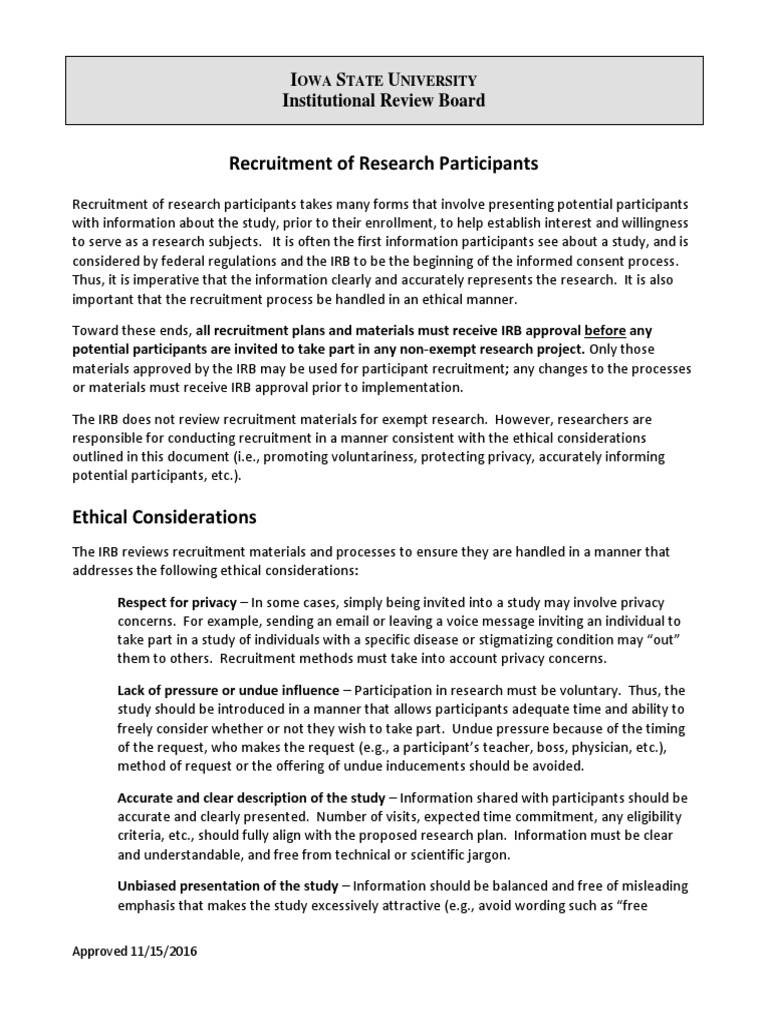 Research Participant Recruitment Guidelines | PDF | Institutional ...