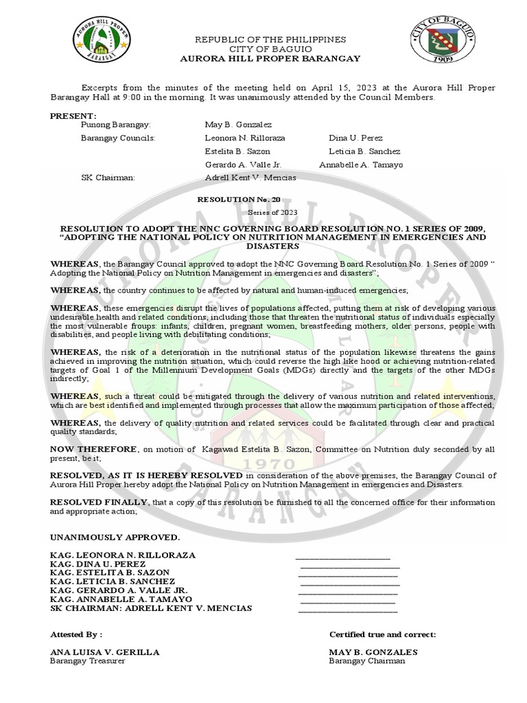 Reso 2023 Adopting NNC 01 Series of 2009 Nutrition in Emergency | PDF