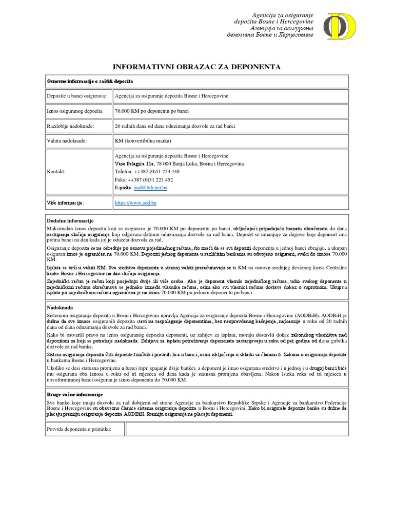 Informativni Obrazac Za Deponenta | PDF