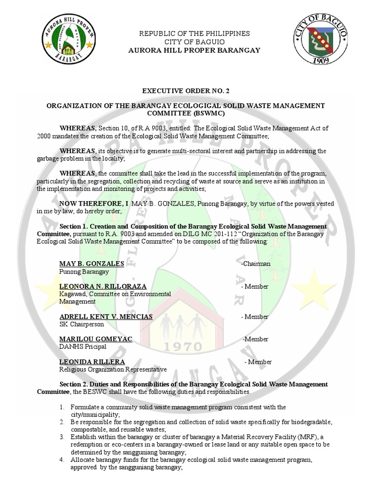 Executive Order BESWMC 2022 | Download Free PDF | Waste Management | Waste