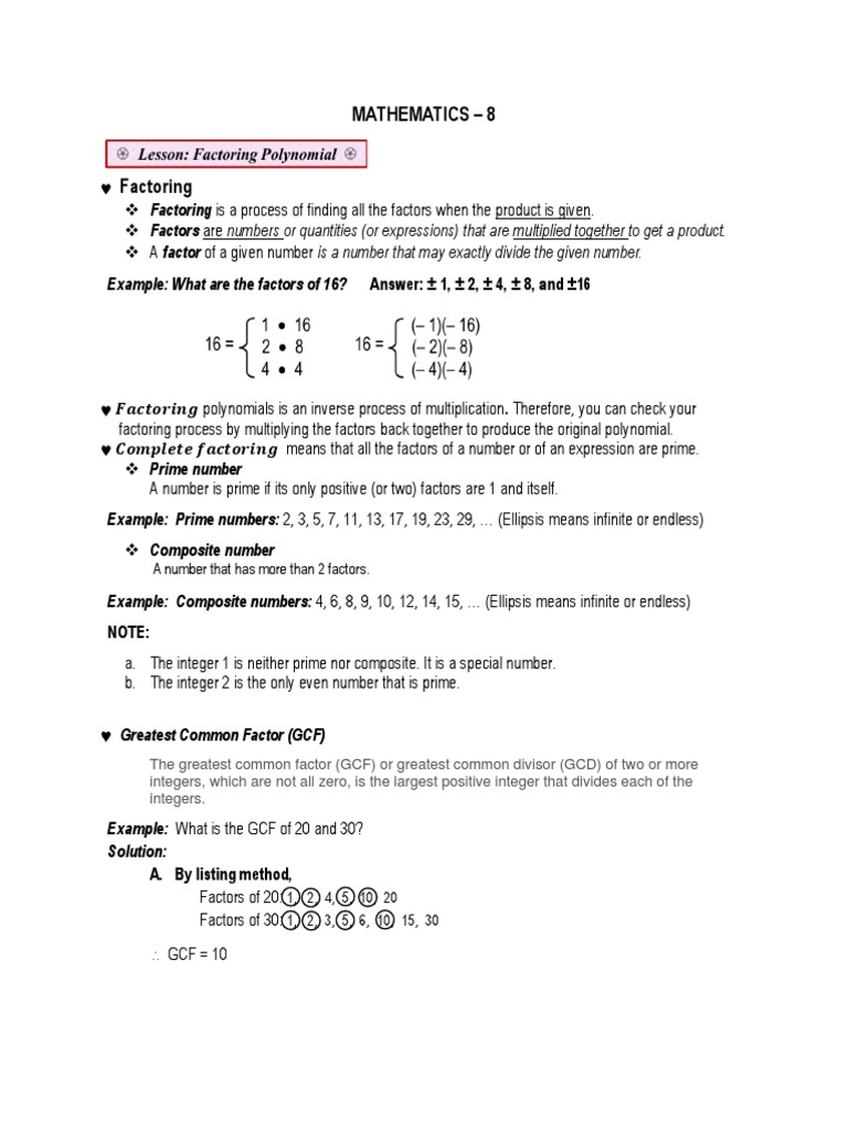 Lesson Factoring Polynomials | PDF | Factorization | Polynomial