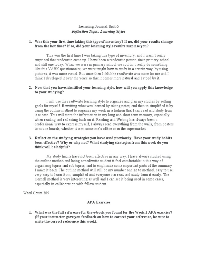 Learning Journal Unit 6 APA Exercise | PDF | Learning Styles | Citation