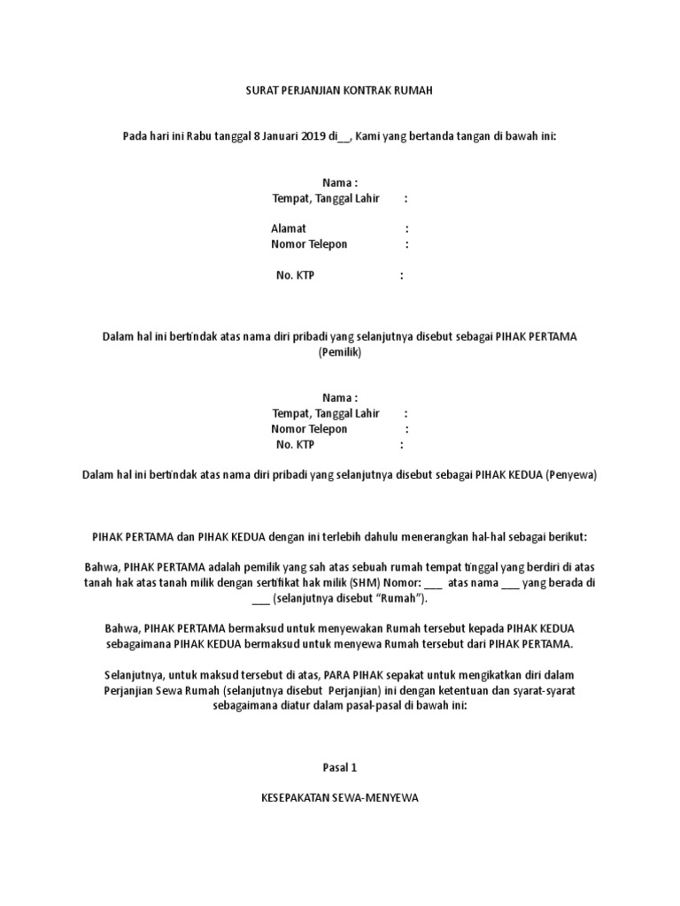 Contoh Surat Perjanjian Kontrak Rumah Pdf