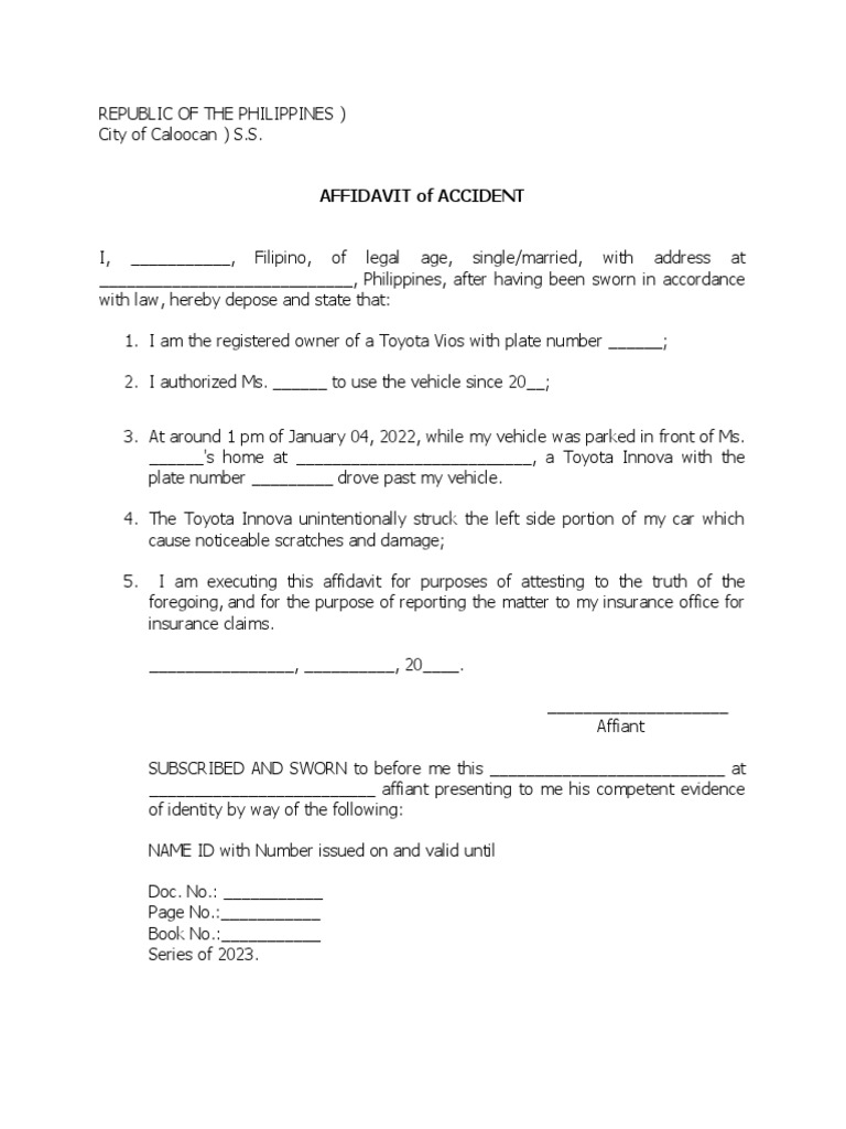 Affidavit of Accident in Caloocan | PDF