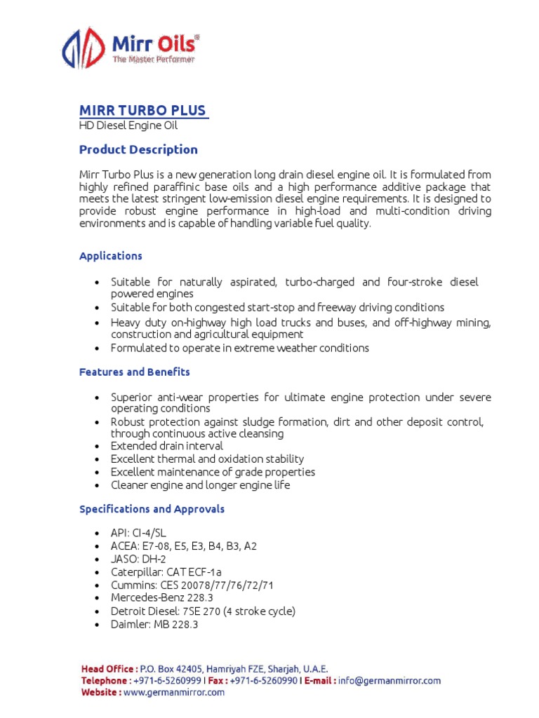 Mirr Turbo Plus HD Diesel Oil 15W-40 | PDF | Motor Oil | Internal ...