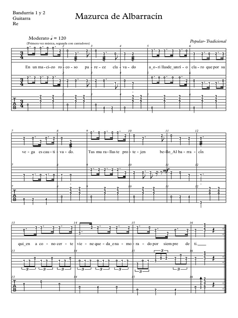 Mazurca de Albarracin - Tablatura (Guión) Bandurria 1-2 y Guitarra | PDF