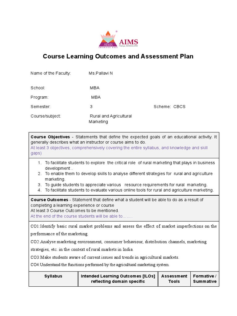 Course Learning Outcomes and Assessment Plan | PDF | Marketing | Pricing