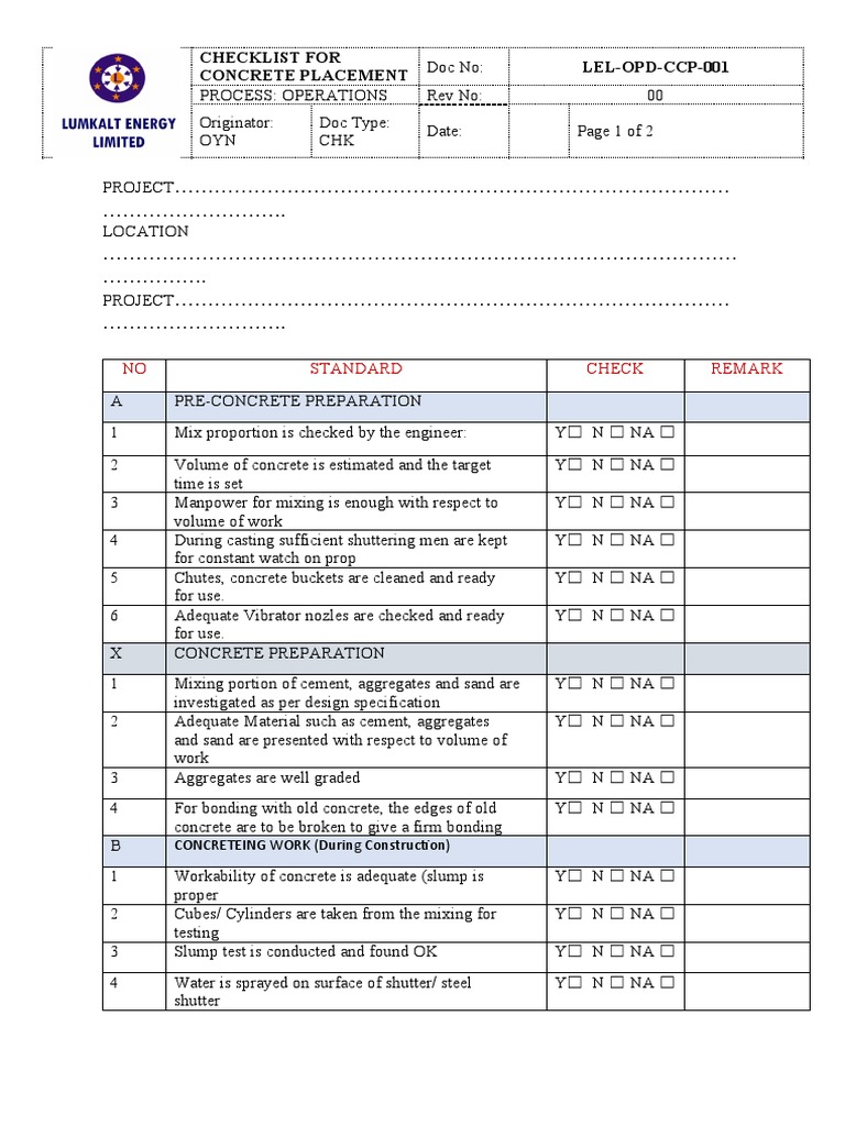 Checklist For Concrete Placement | PDF | Concrete | Structural Engineering