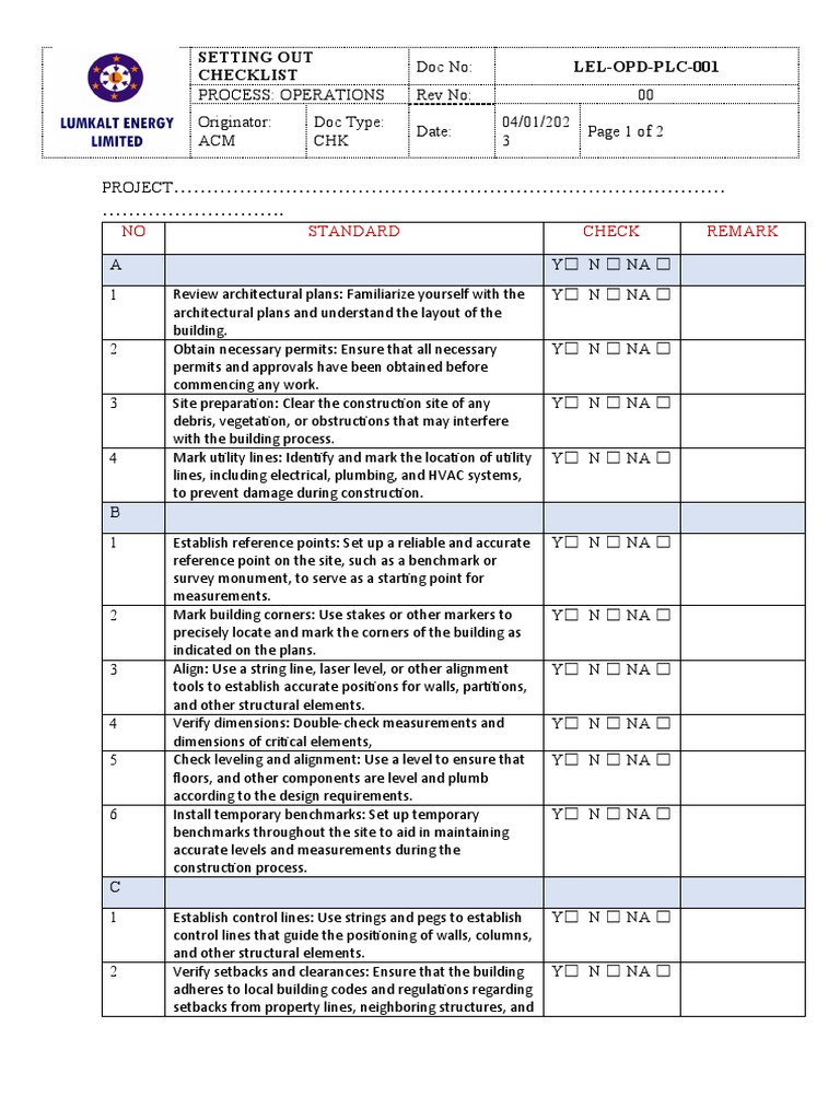 Checklist For Setting Out | PDF | Home & Garden | Technology & Engineering