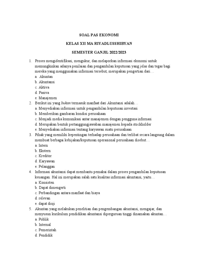 Soal Pas Ekonomi Kelas Xii Ganjil | PDF