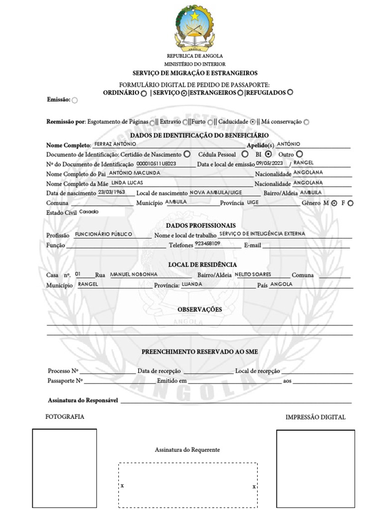 Formálario De Pedido De Passaporte 1 Pdf Passaporte Angola 