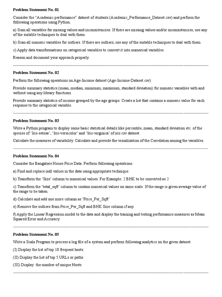 DSBDA Sample Problem Statements | PDF | Statistics | Outlier