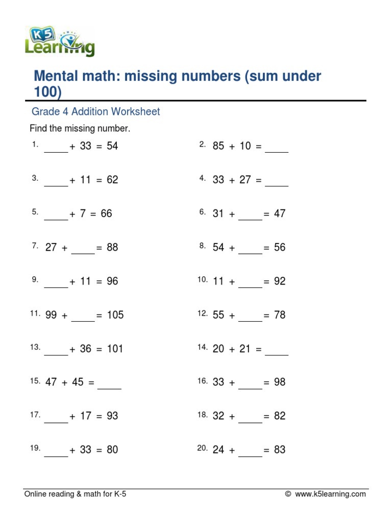 Grade 4 Missing Number Addition | PDF
