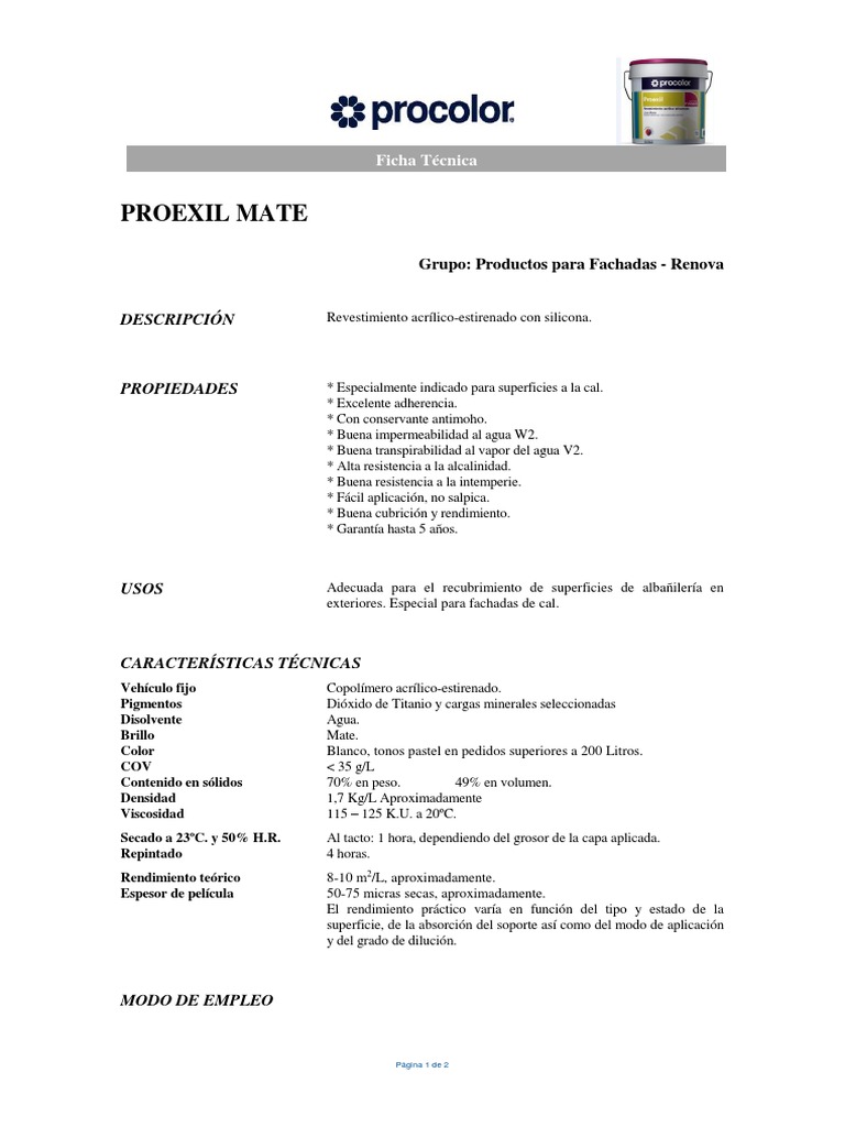Ficha Tecnica Proexil Mate | PDF | Agua | Química