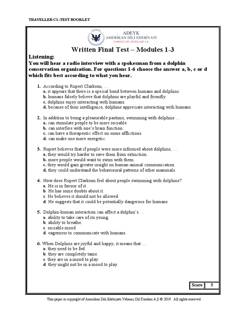 C1 Final Exam | PDF | Dolphin