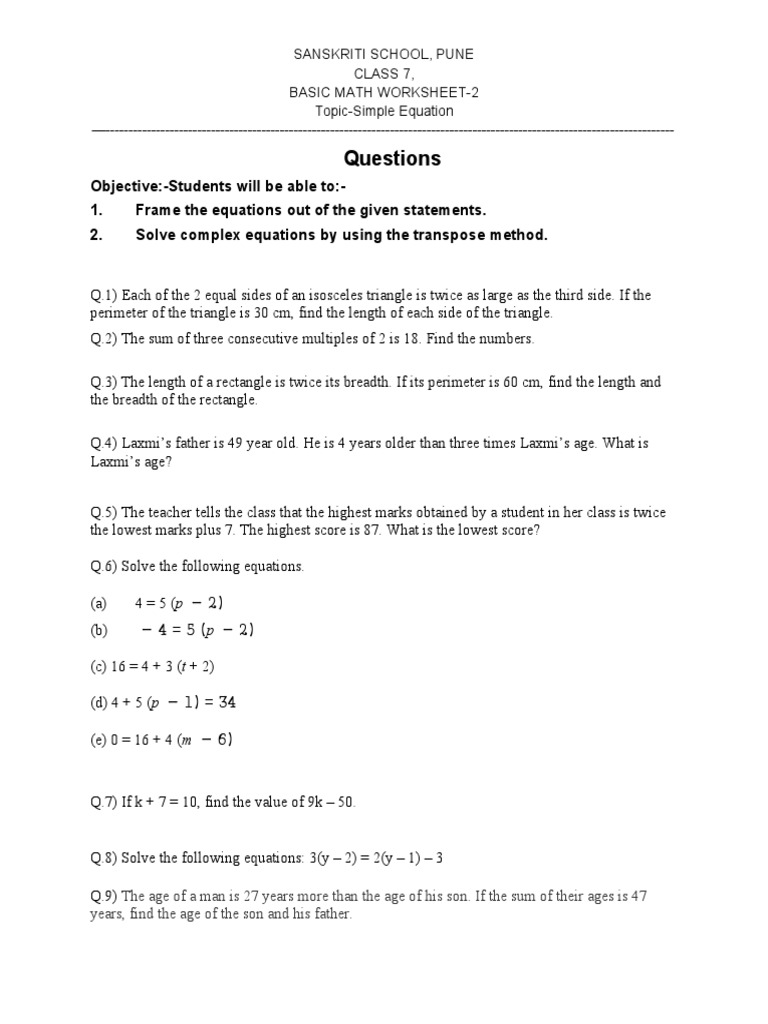 7 - Math Basic WS - 2 Simple Equations | PDF