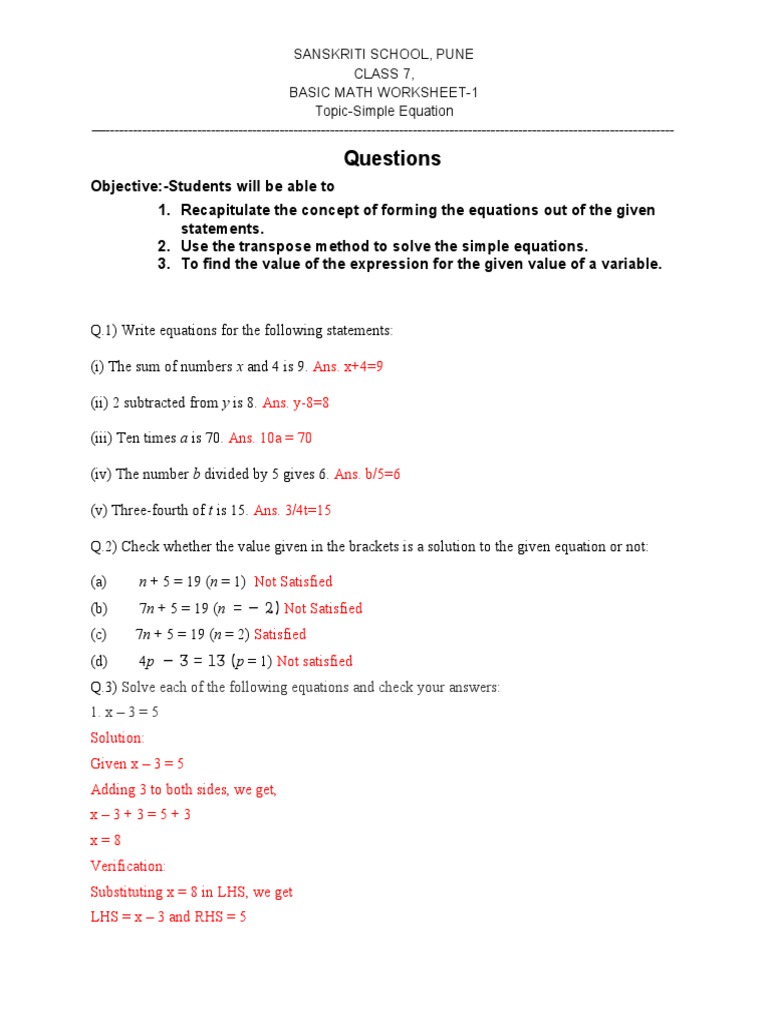 7-_Math_Basic_WS-1_Simple_Equations_AK | PDF | Equations | Algebra