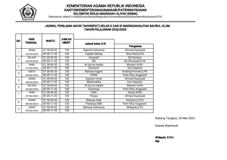 Jadwal Pat X & Xi - Ma Bahrul Ulum Way Kanan Tp. 2022-2023 | PDF