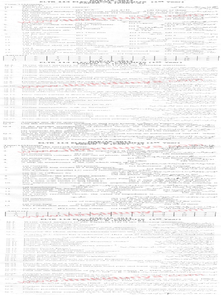 DAE IA 2011 Past Papers Electronics 1st Year Electrical Circuits | PDF