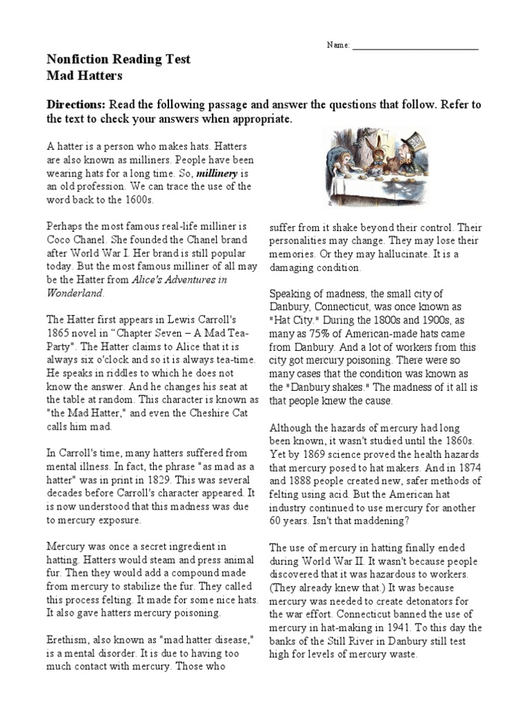 Mad Hatters Reading Comprehension Test | PDF