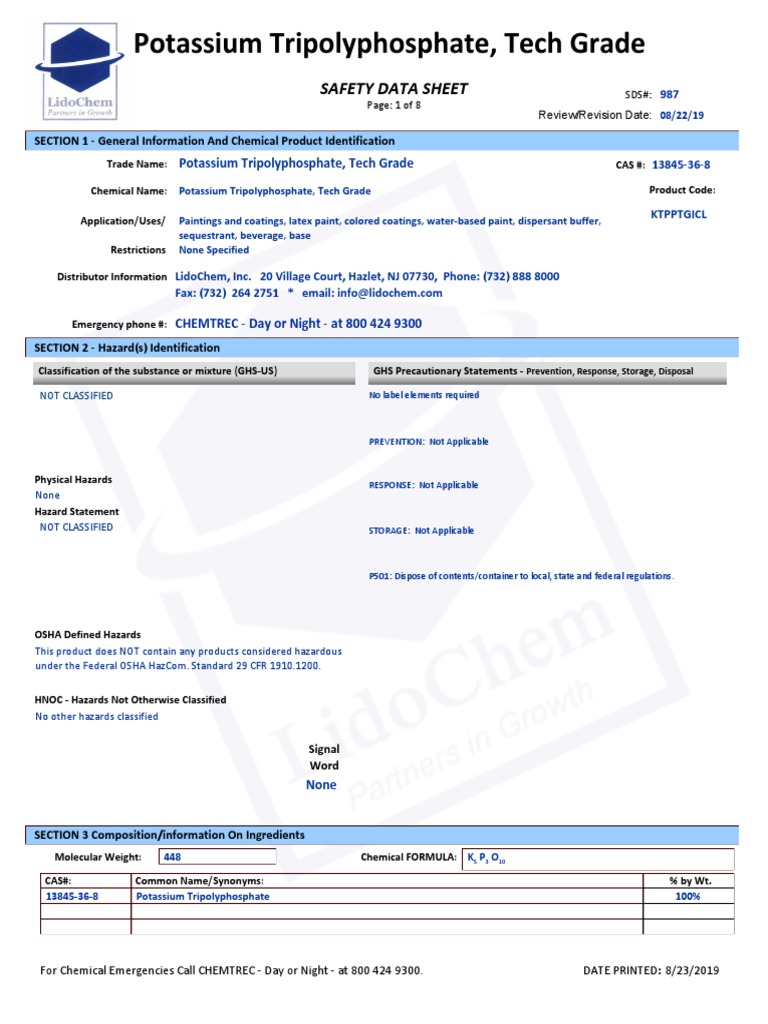 Potassium Tripolyphosphate Tech Grade SDS 2019 | PDF | Dangerous Goods ...