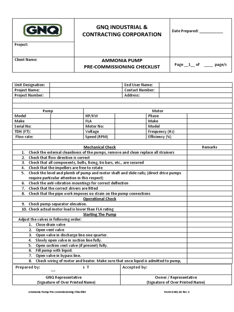 (Form-GNQ-18) Cornell Ammonia Pump Pre-Commissioning Checklist | PDF ...