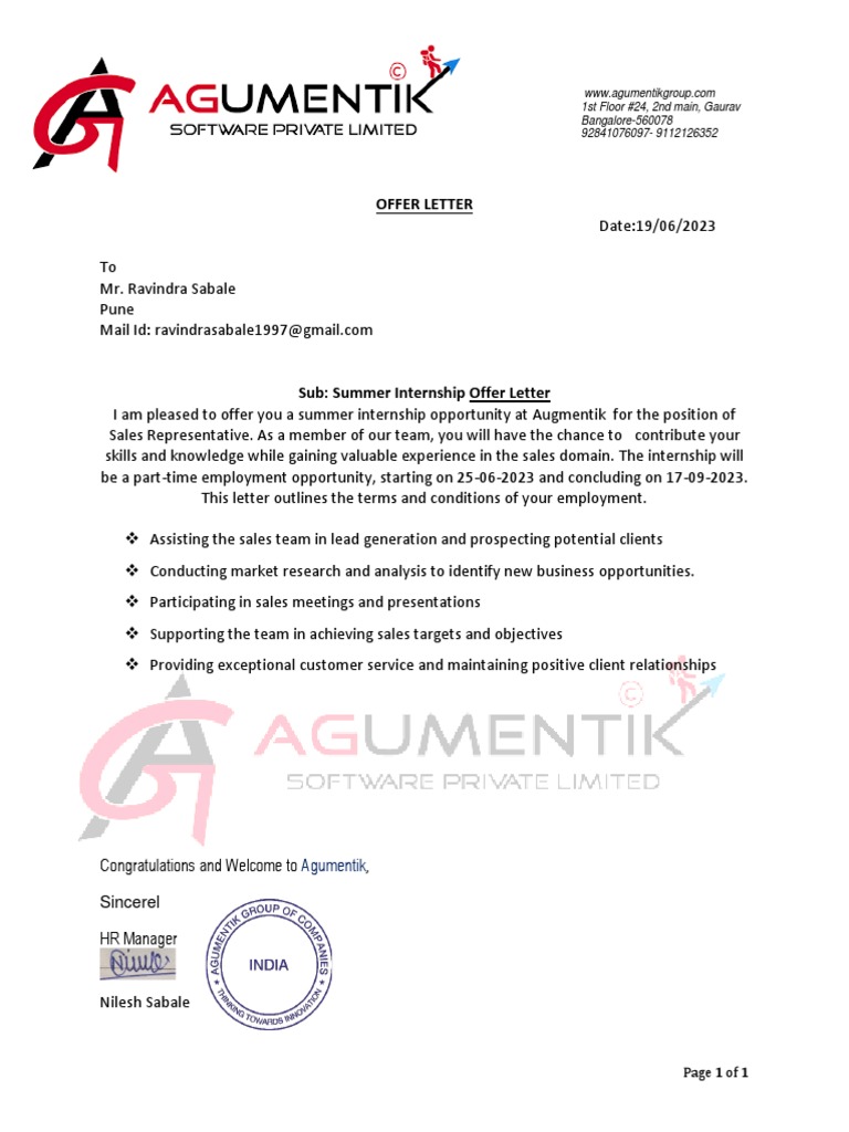 Offer Letter | Download Free PDF | Employment | Sales