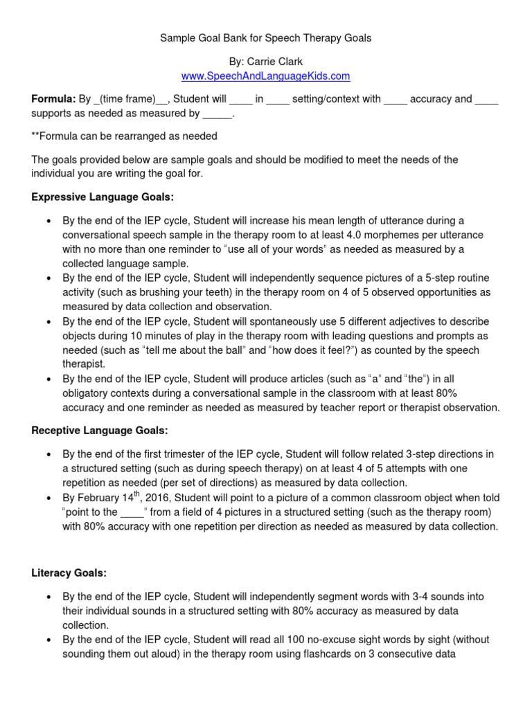 Sample Goal Bank For Speech Therapy Goals | PDF