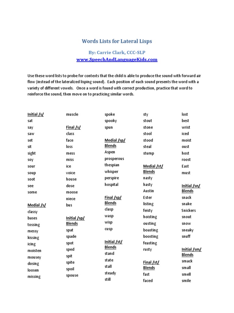 Words Lists For Lateral Lisps | PDF