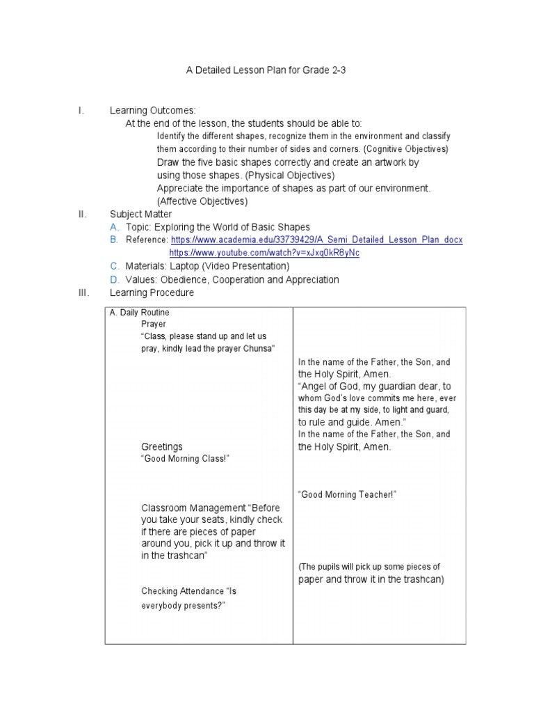 Detailed Lesson Plan For Shapes Grade 1 | PDF | Shape | Lesson Plan