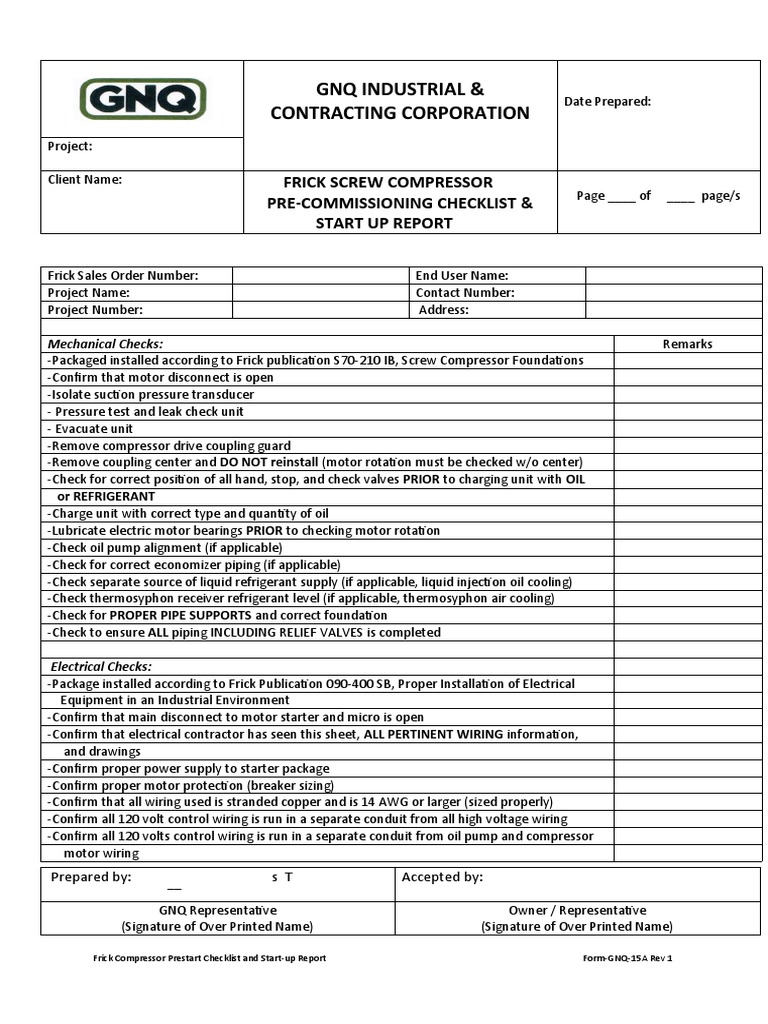 Frick Screw Compressor Start-Up Checklist | PDF | Electric Motor | Pump