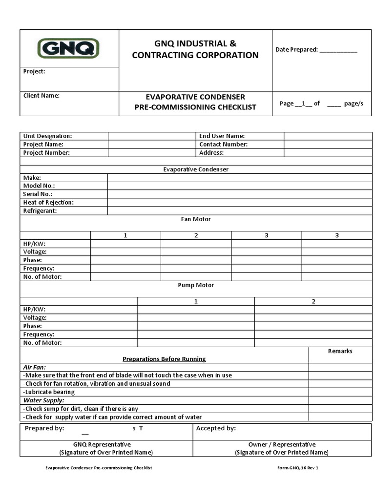 Evaporative Condenser Checklist | PDF | Electric Motor | Pump