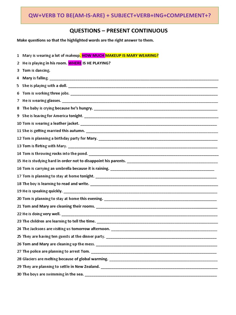 Present Continuous Tense Questions | PDF
