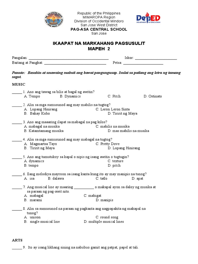 Mapeh 4th Periodical Test Pdf