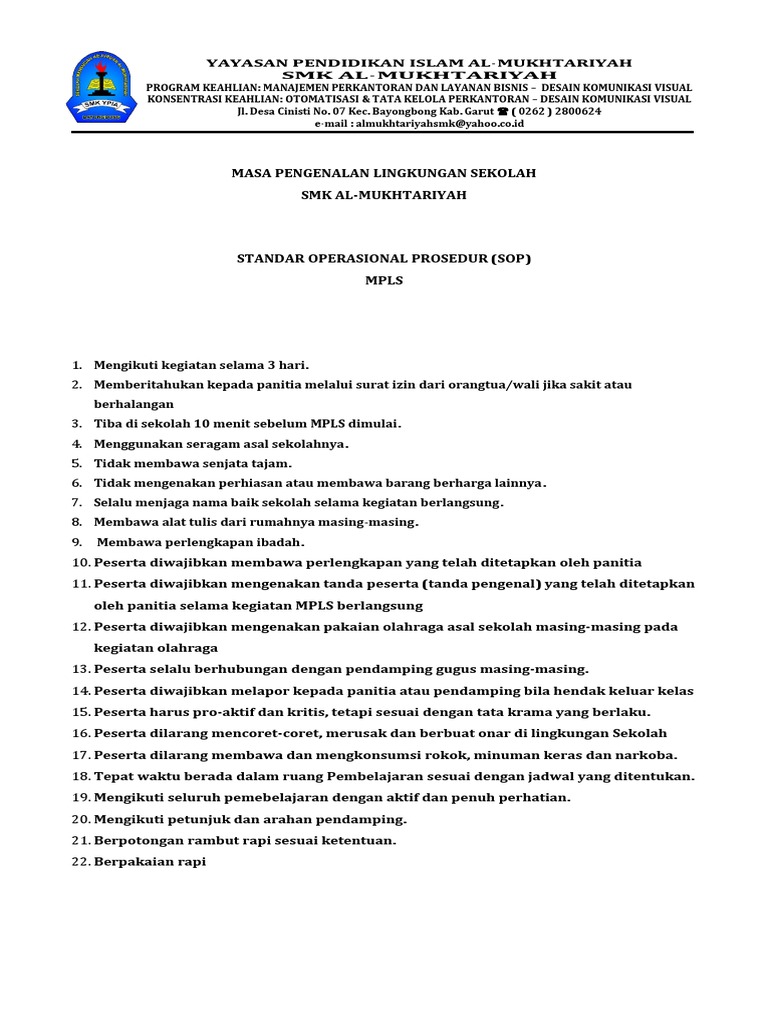 SOP MPLS SMK Al-Mukhtariyah | PDF