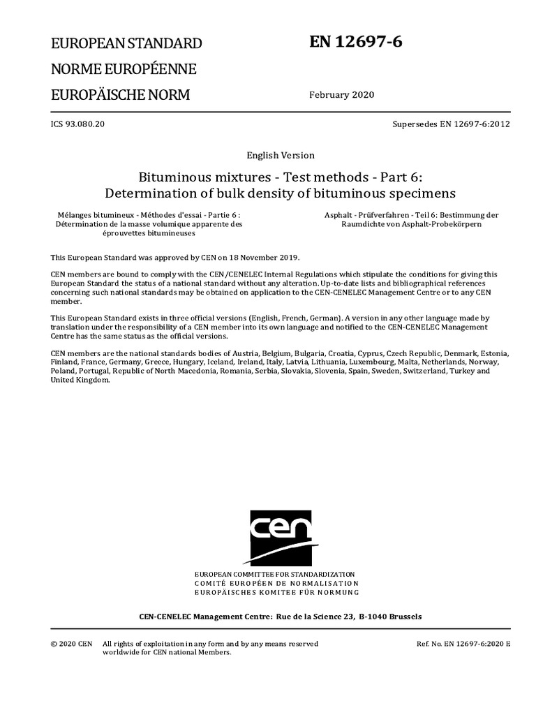 EN 12697-6: Bulk Density of Specimens | PDF | Density | Asphalt