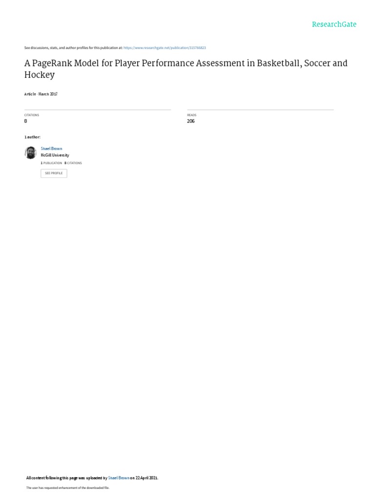 A PageRank Model For Player Performance Assessment | PDF | Markov Chain | Eigenvalues And ...