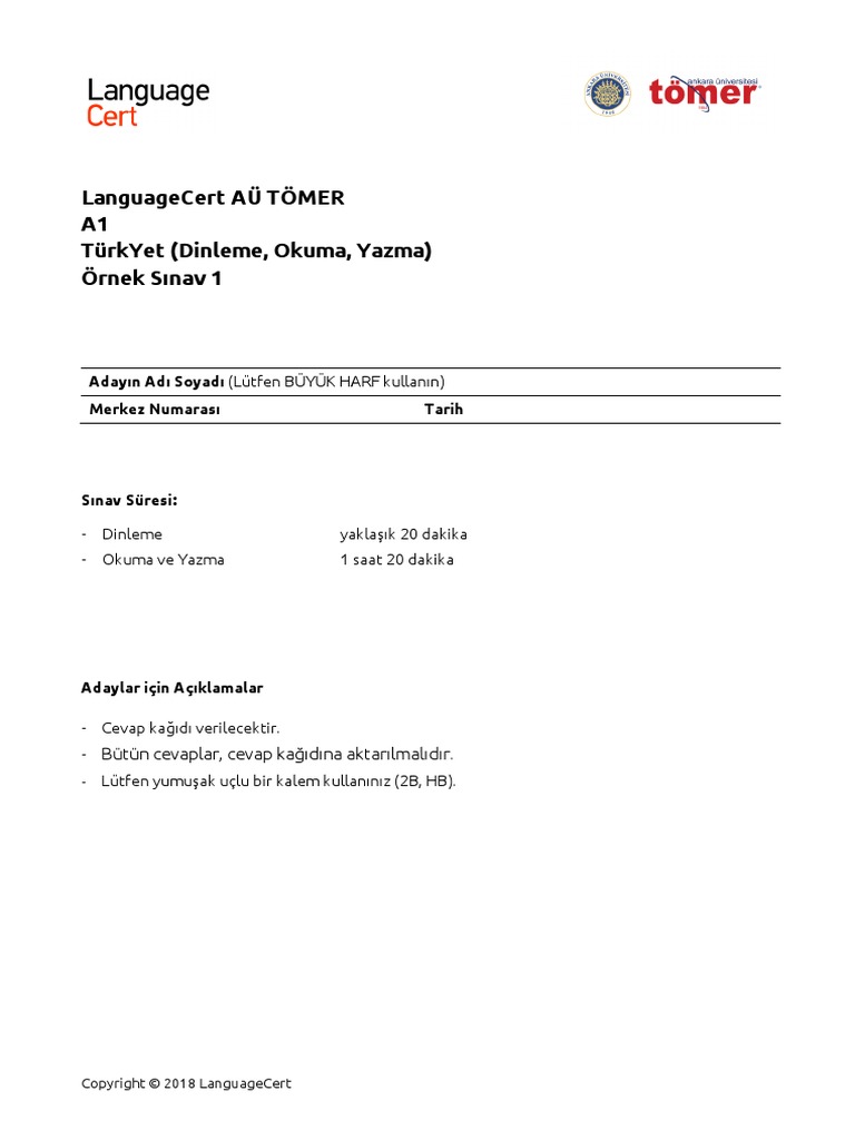 A1 PRACTICE PAPER TurkYet | PDF