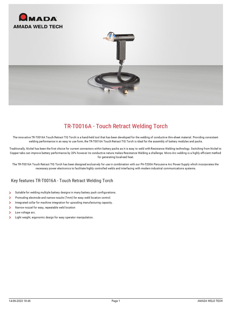 Amada Weld Tech-Tr-T0016a - Touch Retract Welding Torch | PDF | Welding ...
